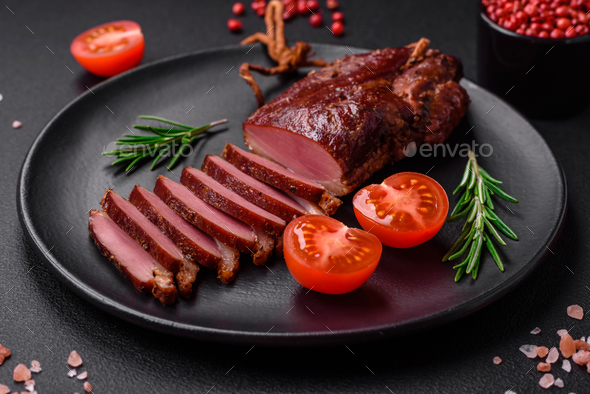 Delicious duck fillet or breast grilled or smoked with spices and salt ...