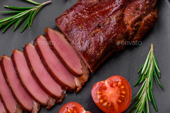 Delicious duck fillet or breast grilled or smoked with spices and salt ...