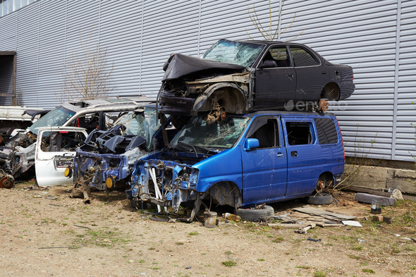 Dump of broken, destroyed, old cars. Cars for recycling. Stock Photo by ...