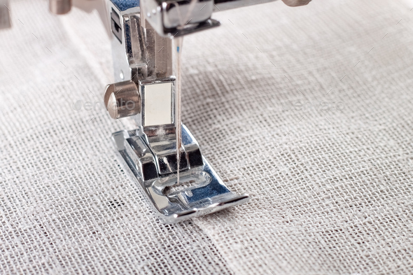 Modern Sewing Machine Presser Foot With Linen Fabric And Thread ...