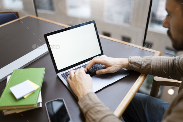 Programmer Coding Typing On Keyboard Using Laptop Working Project Online At Workplace Mockup