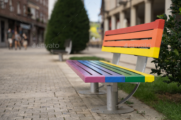 City Bench Painted with the colors of rainbow LGTB gay pride flag Stock ...