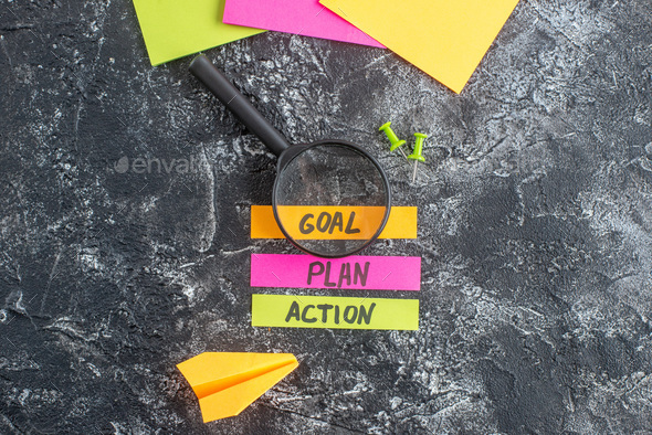 top view goal plan action notes on stickers on gray background lesson ...