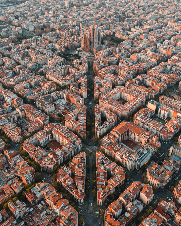 Aerial view of Barcelona Eixample residential district and Sagrada ...