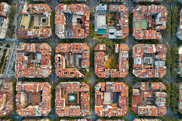 Aerial view of typical buildings of Barcelona cityscape. Eixample ...