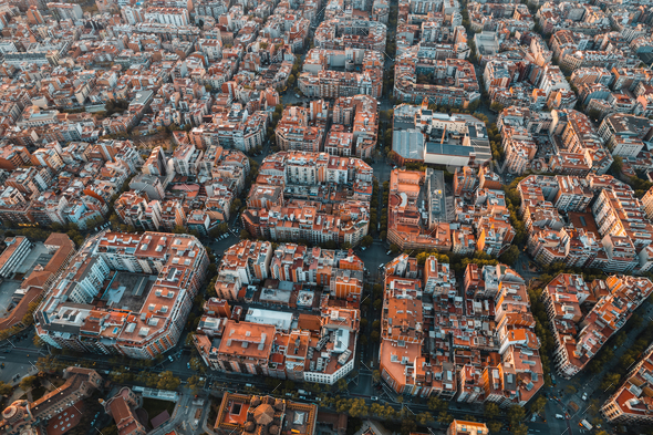 Aerial view of typical buildings of Barcelona cityscape. Eixample ...