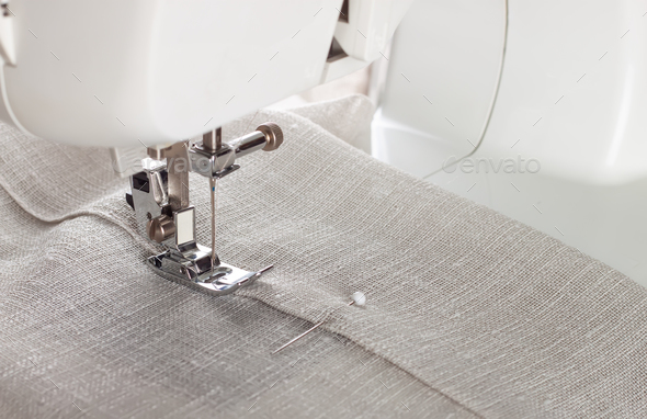 Modern Sewing Machine Presser Foot With Linen Fabric And Thread ...