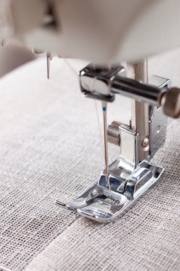 Modern Sewing Machine Presser Foot With Linen Fabric And Thread ...