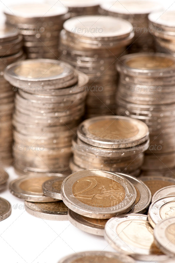 Close-up stacks of 2 Euros Coins in front of white background Stock ...