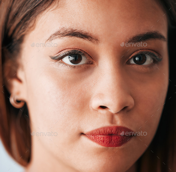 Face closeup, woman and makeup of a gen z, youth and female model with ...