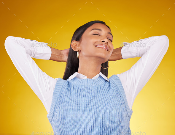 Relax, happy and woman in studio smile, chilling and satisfied against ...