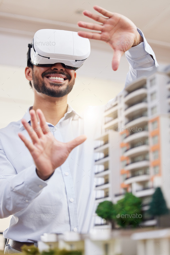 Architect, happy man and virtual reality architecture model ...