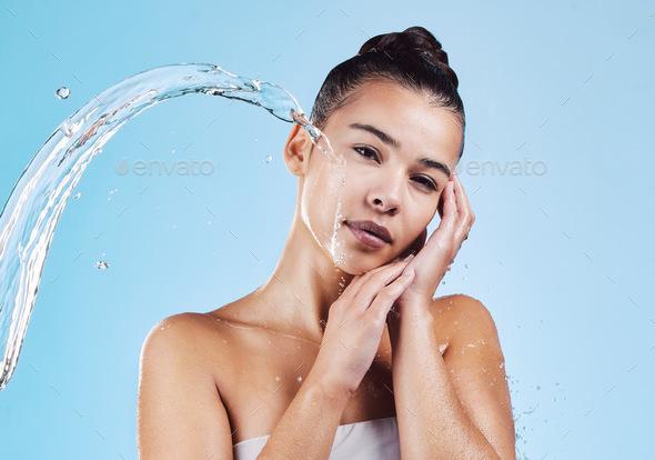 Portrait, beauty and woman with water splash, cosmetics and cleaning ...