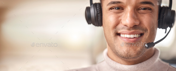 Call center man, smile in portrait and contact us with CRM, headset ...