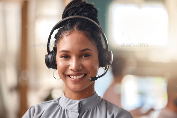 Call center woman, happy in portrait and contact us with CRM, headset with mic and mockup space ...