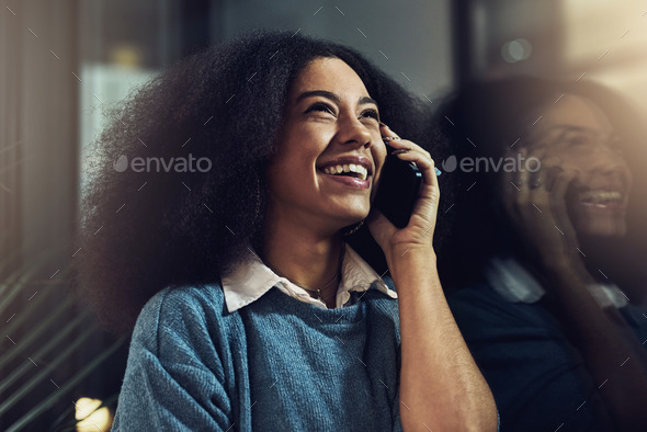 Happy woman, phone call and laughing at night for funny joke, meme or ...