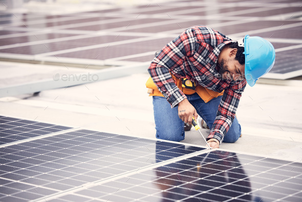 Solar panel, repair and engineering man on rooftop with tools, energy ...