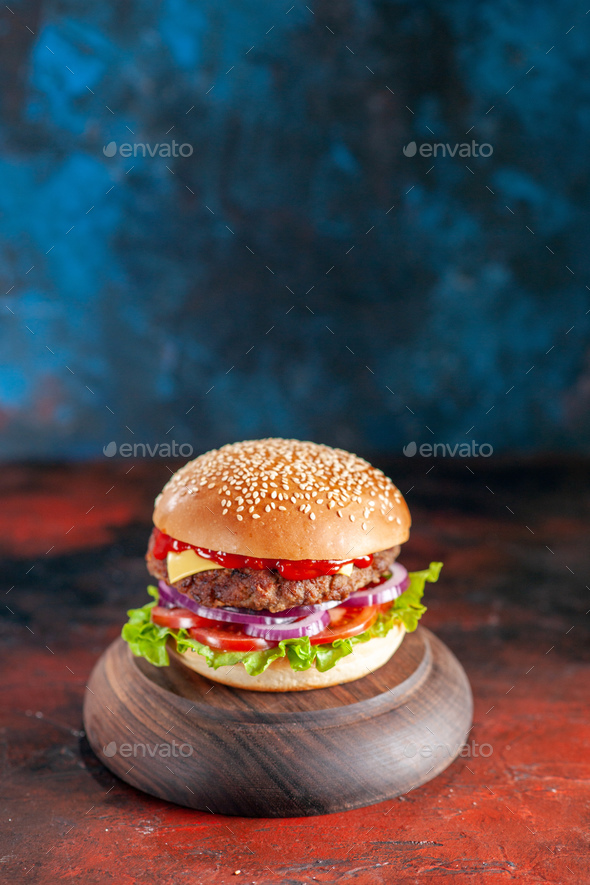 front view yummy meat cheeseburger on dark background burger snack fast ...