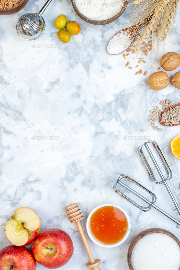 Vertical view of free space and fresh healthy food set on two-toned ...