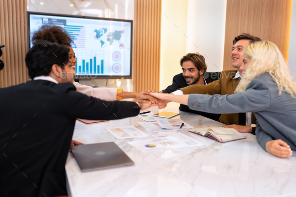 Employee on job corporate Business colleagues sit around table work as ...