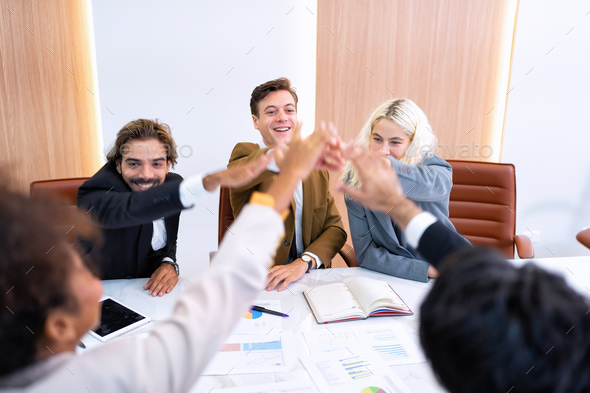 Employee on job corporate Business colleagues sit around table work as ...