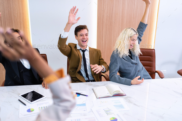 Employee on job corporate Business colleagues sit around table work as ...