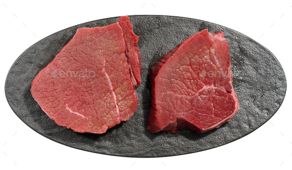 Round raw beef steak on a white isolated background Stock Photo by ndanko