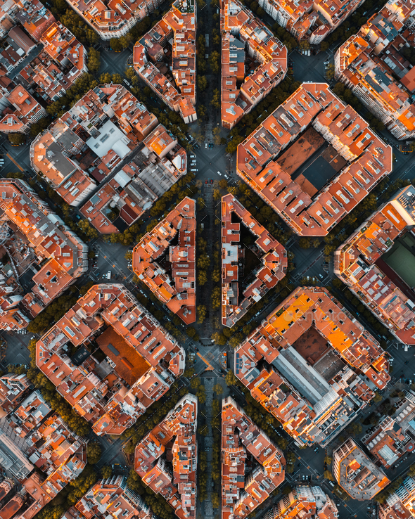 Aerial view of typical buildings of Barcelona cityscape. Eixample ...