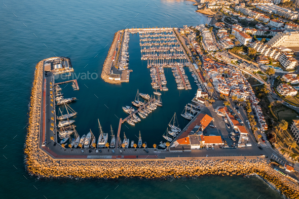 Boats in harbor of Sitges, village of Barcelona, Spain. Port de Sitges ...