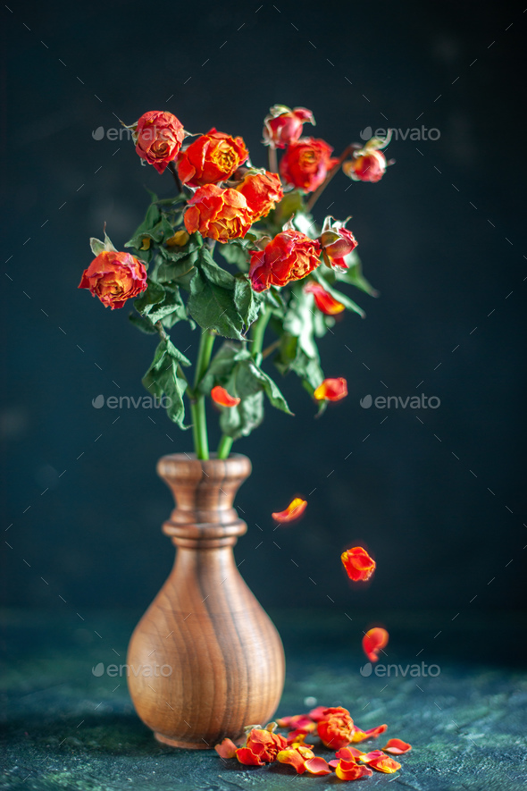 front view red withered flowers inside vase on dark background plant ...