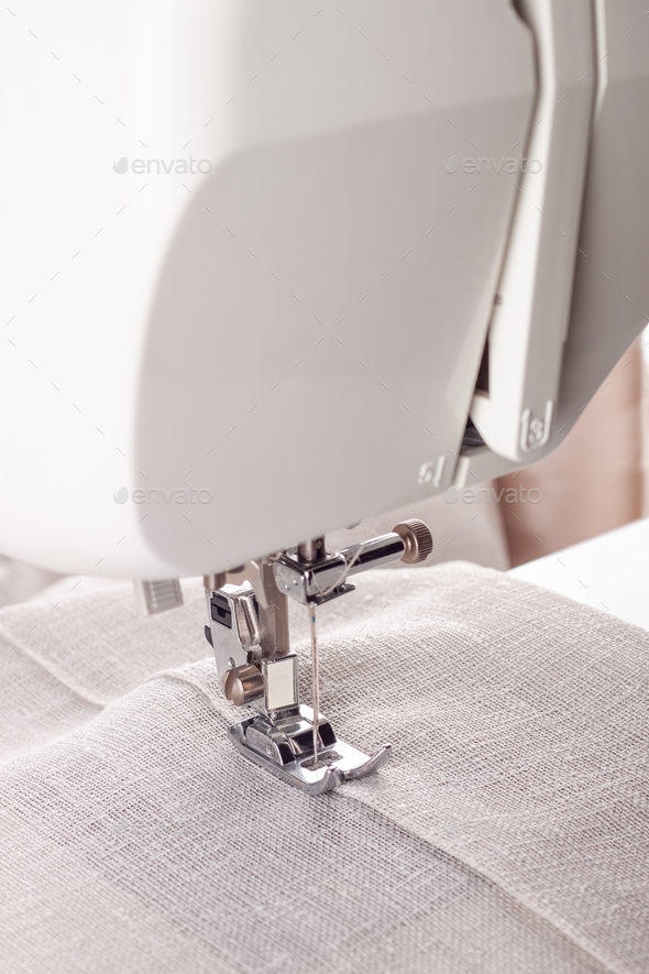 Modern Sewing Machine Presser Foot With Linen Fabric And Thread ...