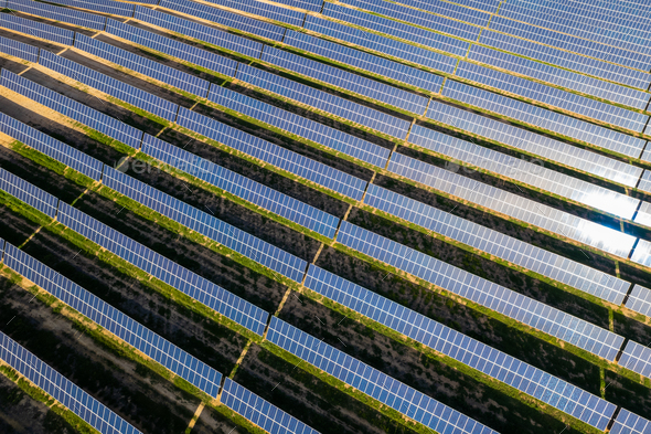 Solar energy farm. High angle, elevated view of solar panels on an ...