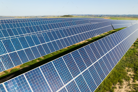 Solar energy farm. High angle, elevated view of solar panels on an ...