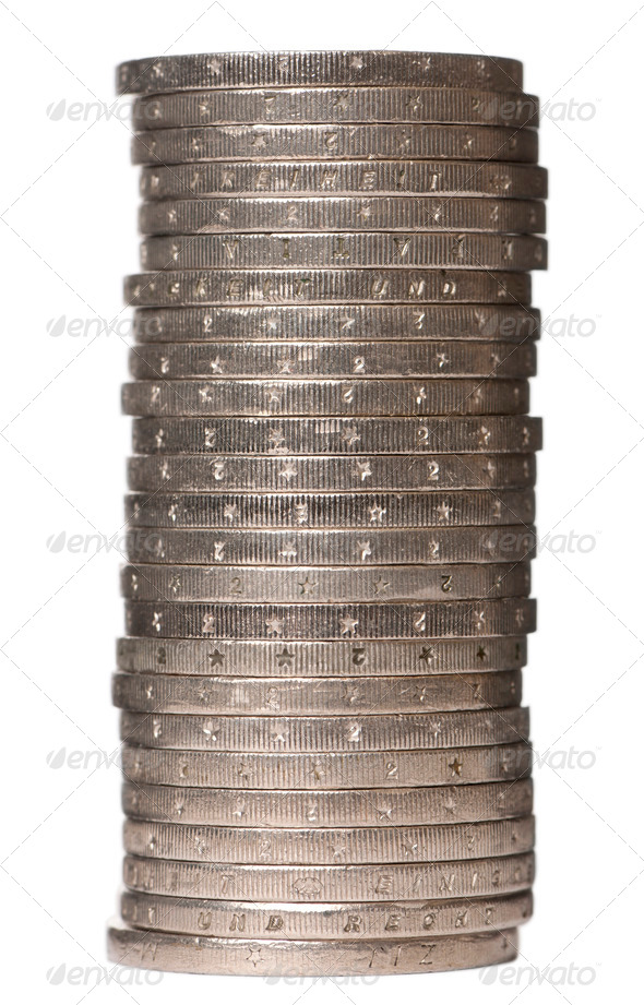 Stack of 2 Euros Coins in front of white background Stock Photo by ...