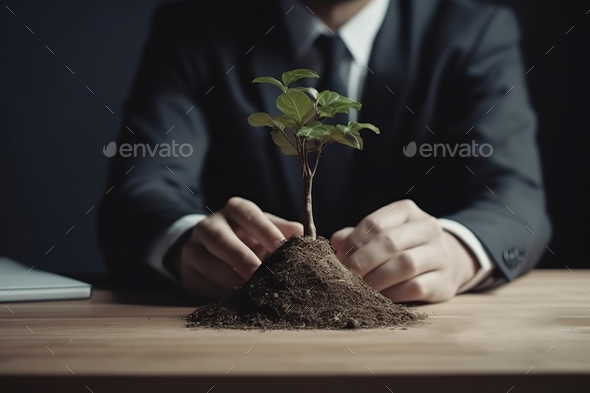 Coin Tree Cultivation: Businessman Planting a Money Tree on a Stack of ...