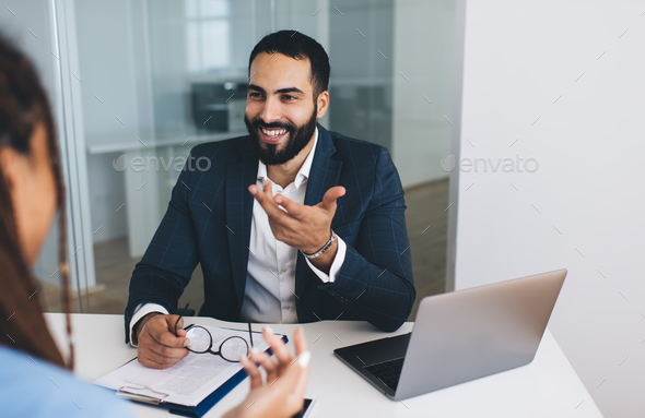 Successful male professional boss communicate during interview ...