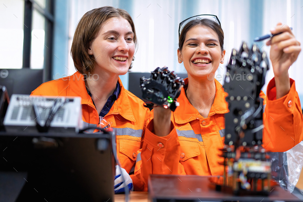 Girl engineer in robot industry fabrication research room simulate ...