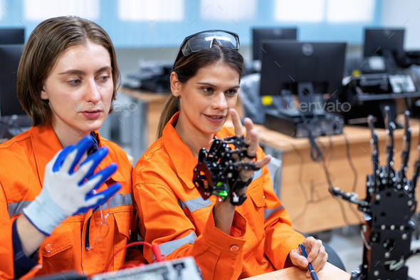 Girl engineer in robot industry fabrication research room simulate ...