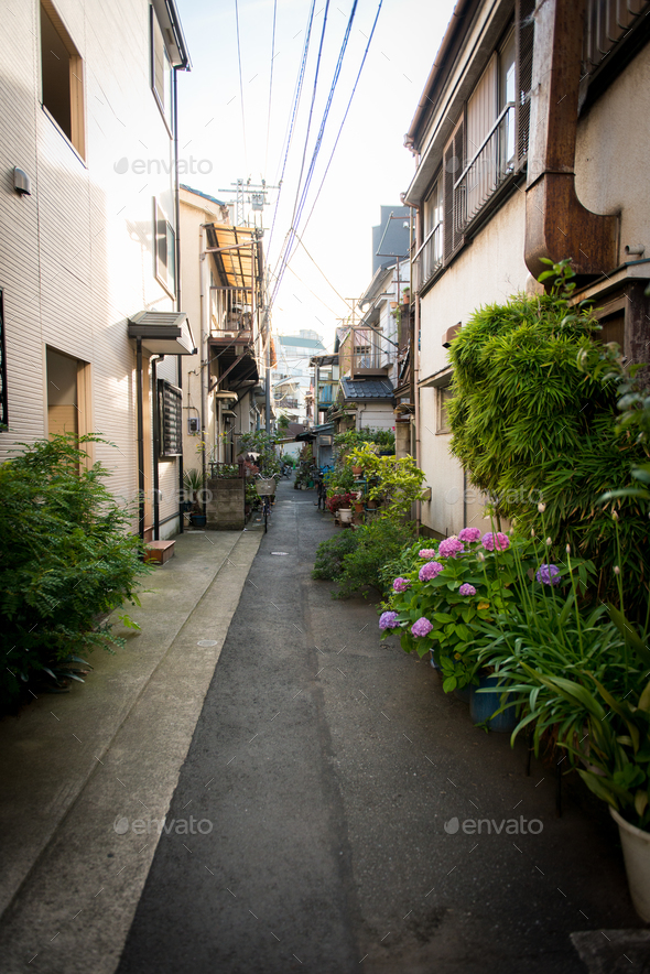 Narrow streets of Tokyo downtown (Shitamachi) with small shops and ...