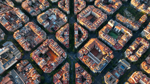 Aerial view of typical buildings of Barcelona cityscape. Eixample ...