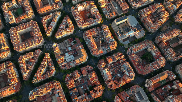Aerial view of typical buildings of Barcelona cityscape. Eixample ...
