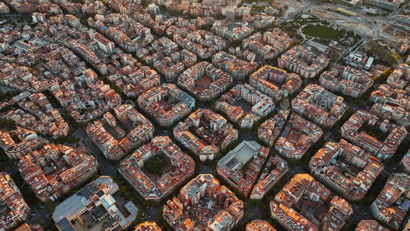 Aerial view of typical buildings of Barcelona cityscape. Eixample ...