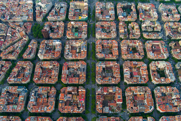 Aerial view of typical buildings of Barcelona cityscape. Eixample ...