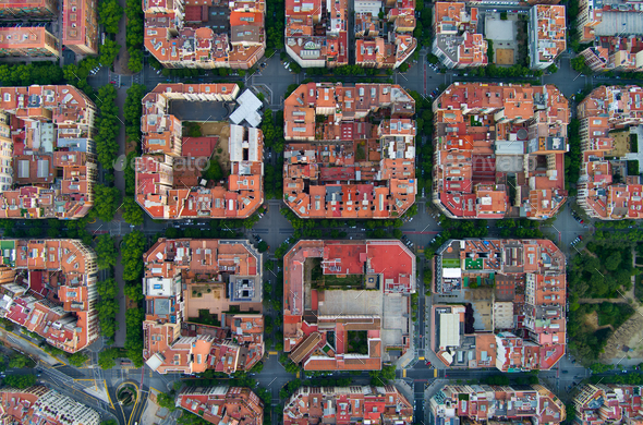 Aerial view of typical buildings of Barcelona cityscape. Eixample ...