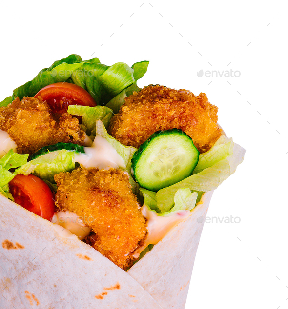 Fried chicken wrap in pita bread with fresh vegetables Stock Photo by ...