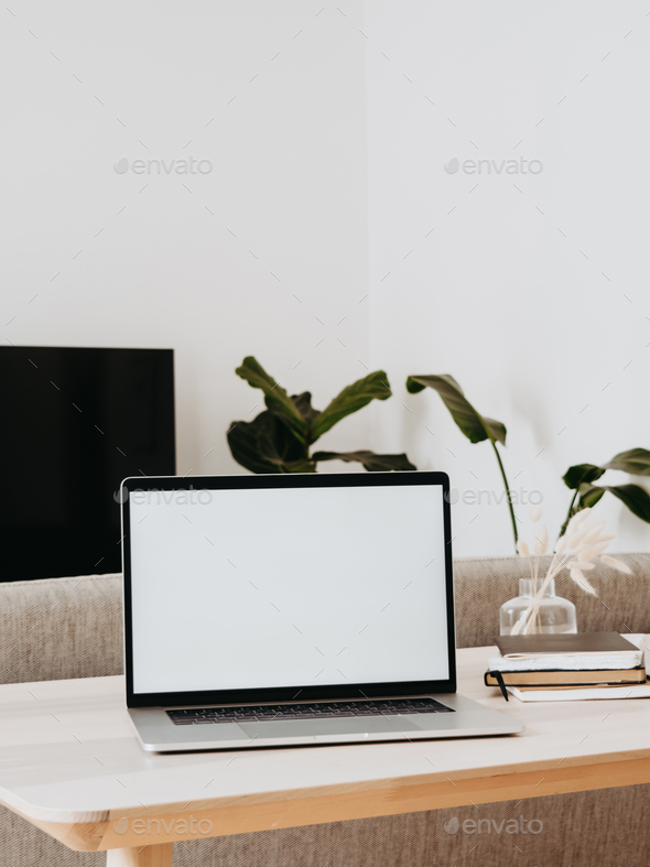 Home office background with copy space mock up laptop Stock Photo by ...