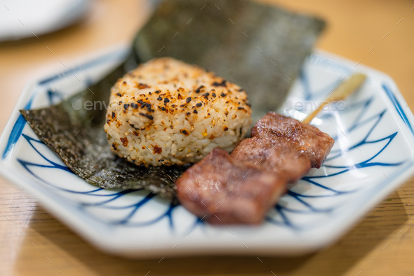 Grill beef tongue and Japanese Onigiri Stock Photo by leungchopan ...
