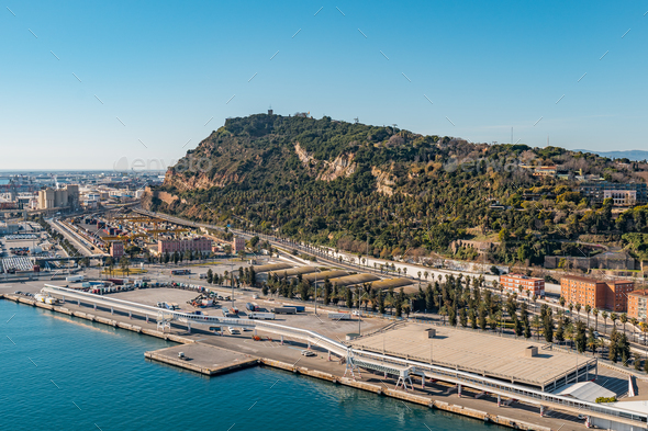 Aerial view of Montjuic mountain from Montjuic Cable Car (Teleferic de ...