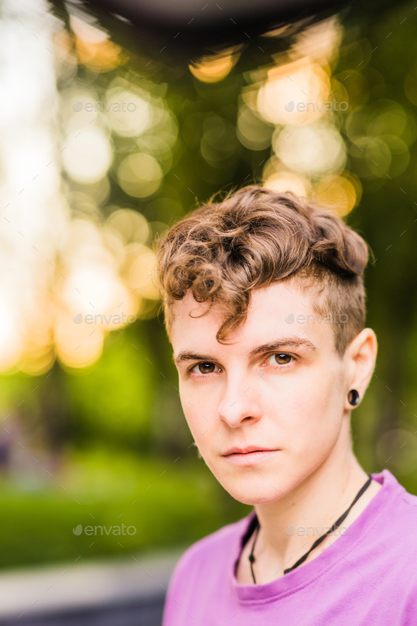 Non-binary trans lifestyle gender expression androgynous headshot ...