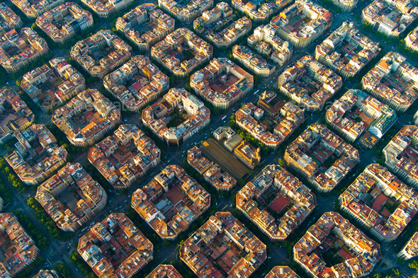 Aerial view of typical buildings of Barcelona cityscape. Eixample ...
